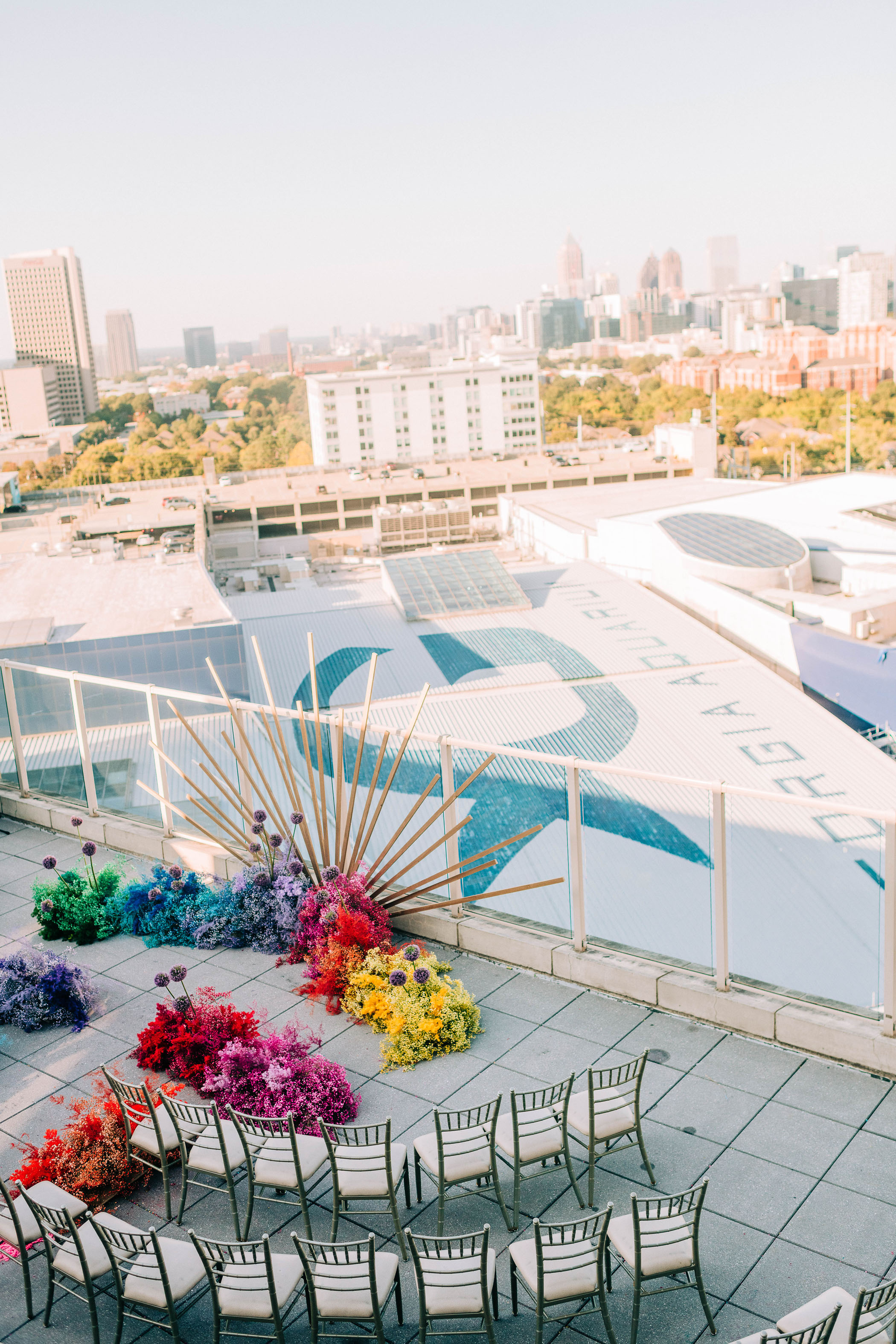 This Rainbow Rooftop Wedding in Atlanta Was Colorful "Midcentury Magic"