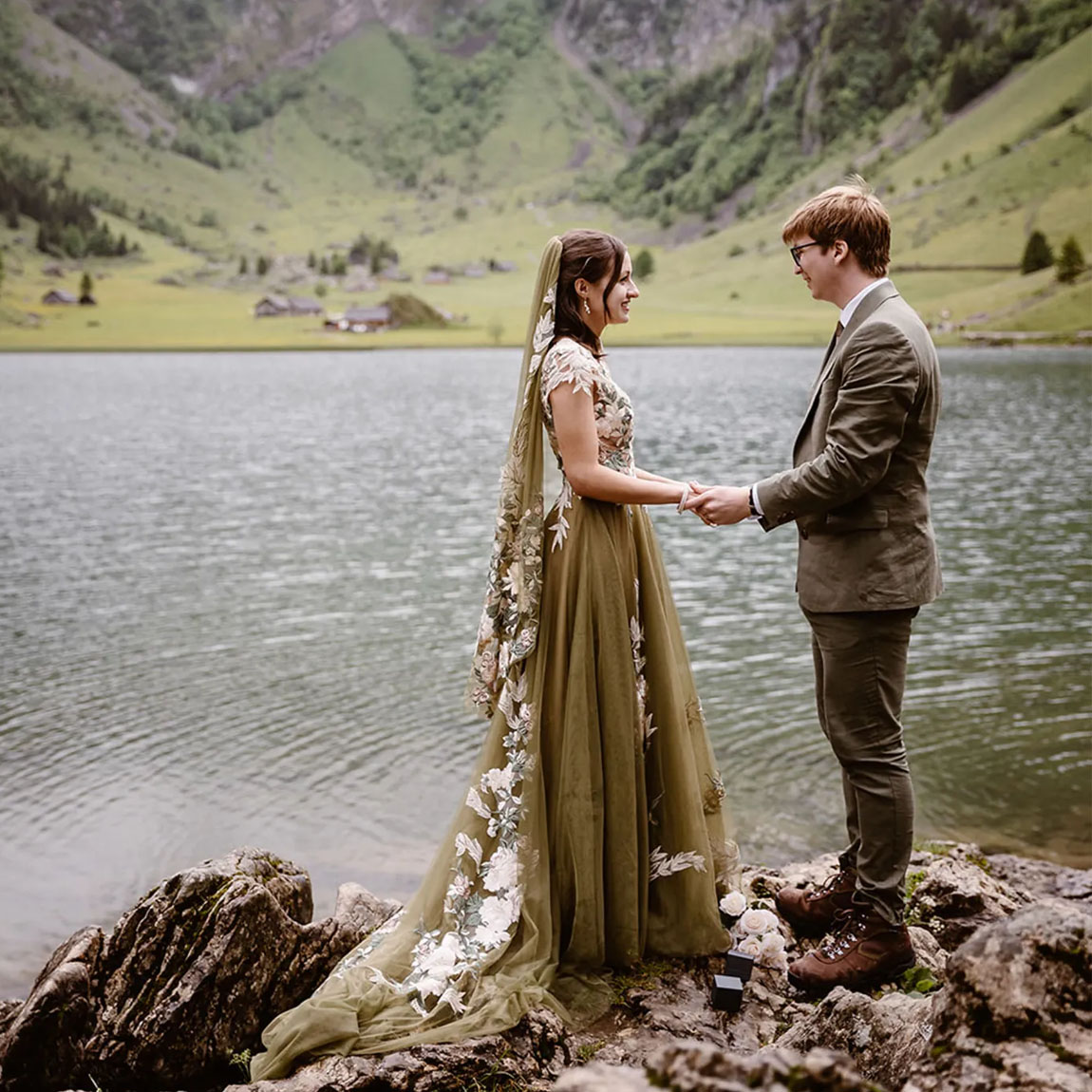 A Green Floral Wedding Dress for This Fairytale Elopement in Switzerland